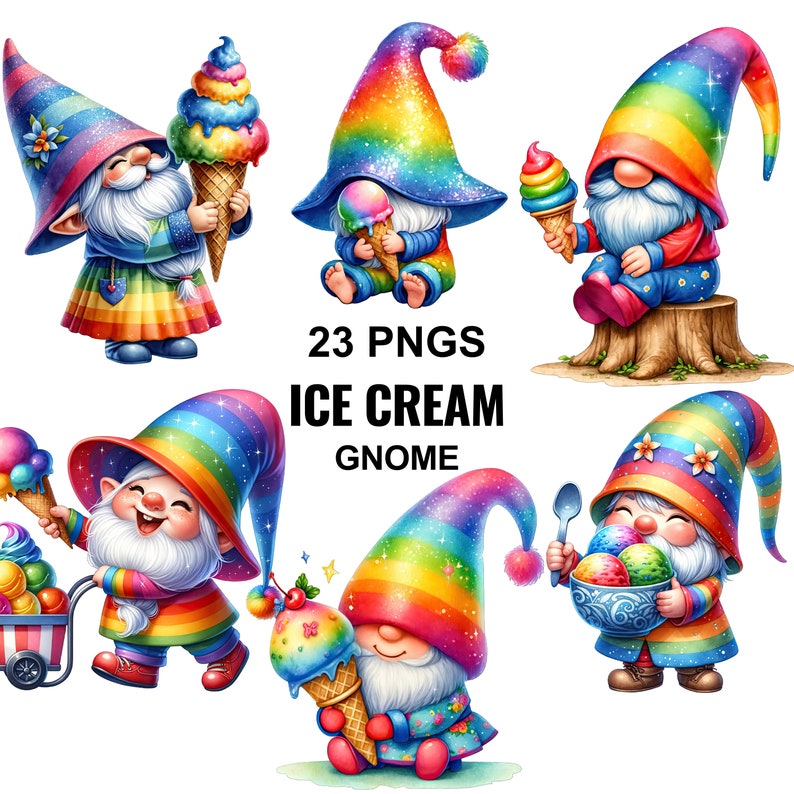 Watercolor Ice Cream Gnome Clipart, Gnome Ice Cream, Summer Gnome, Ice ...
