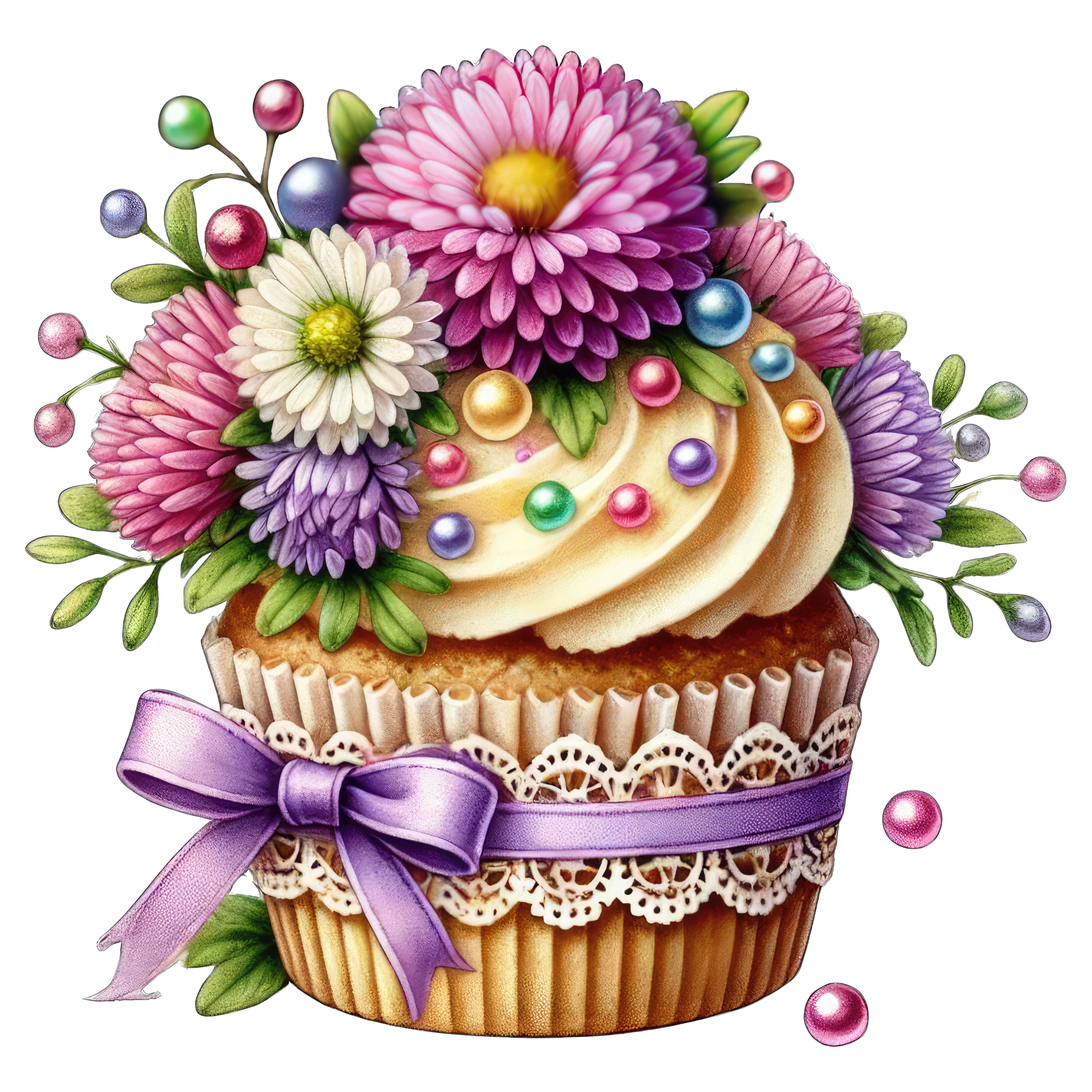 Watercolor Spring Flowers Cupcake Clipart: Floral Dessert Graphics ...