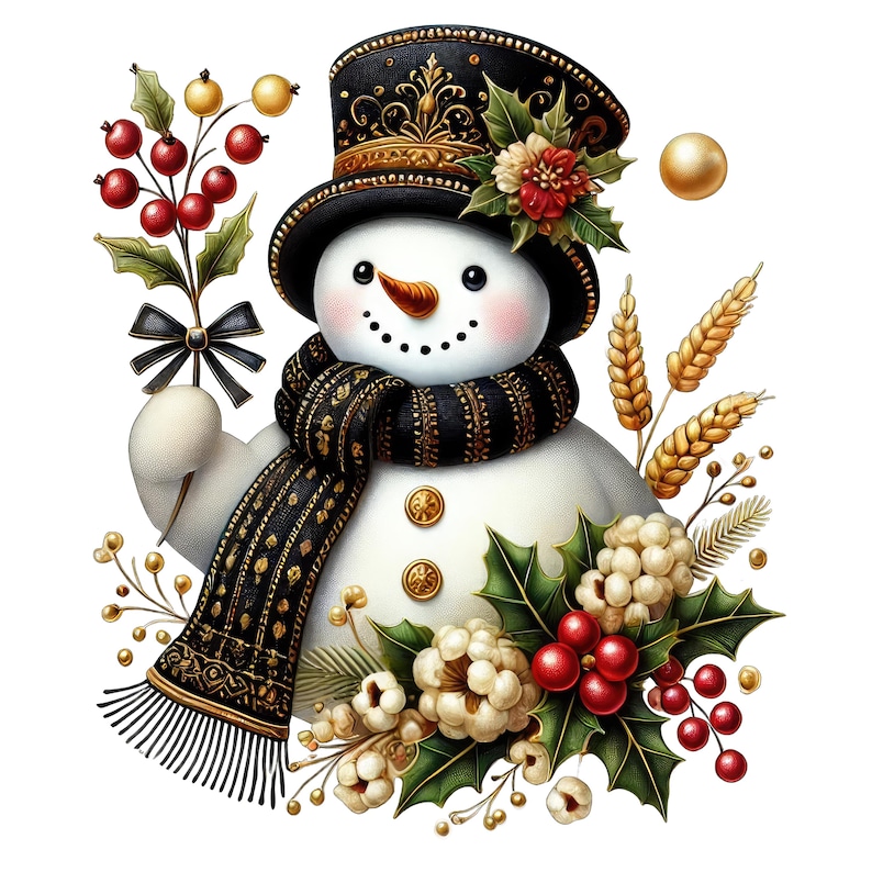 Christmas Snowman Clipart Bundle, Black and Gold Snowman Png Collection ...