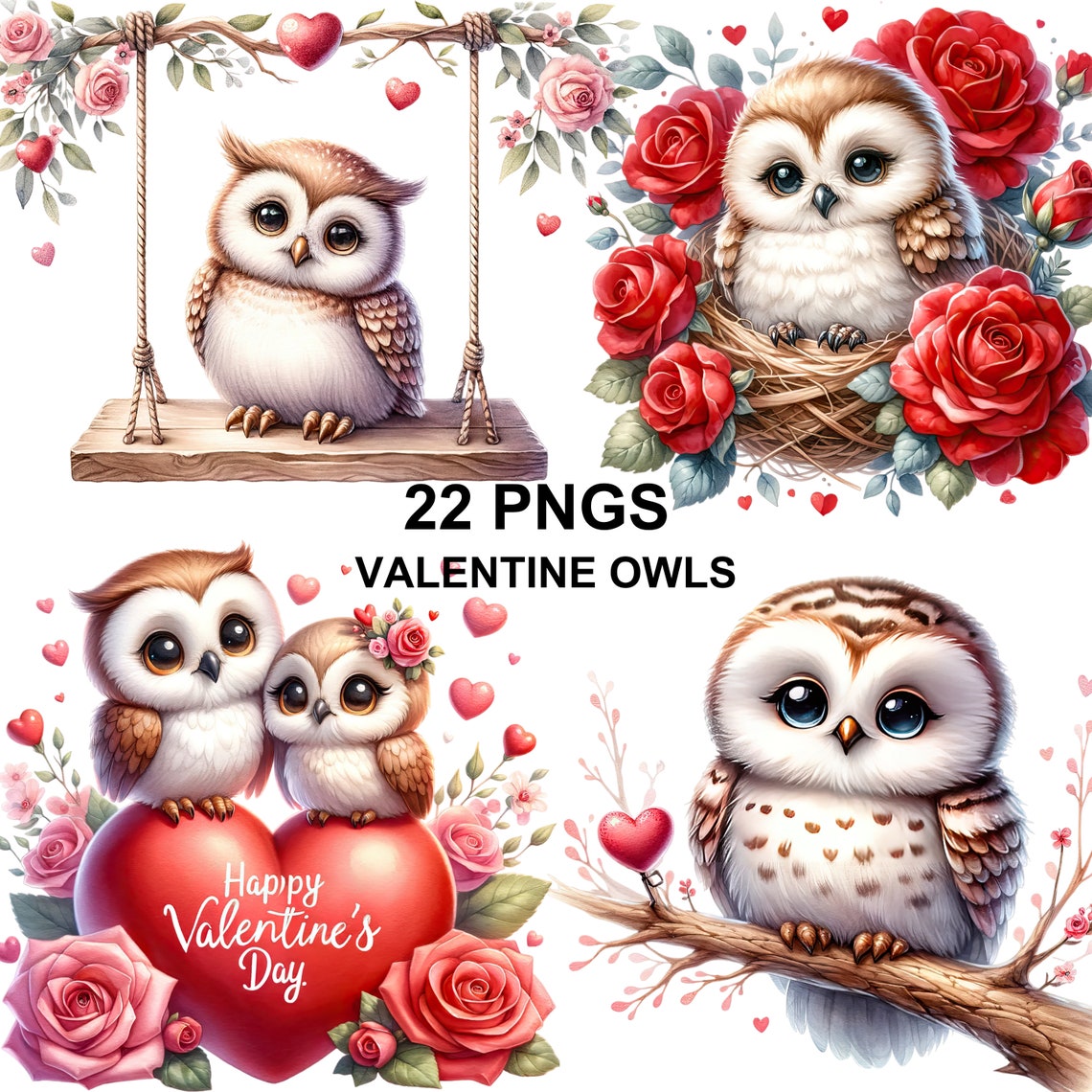 Watercolor Cute Valentines Owl Clipart, Owl Valentine, Romantic Clipart ...