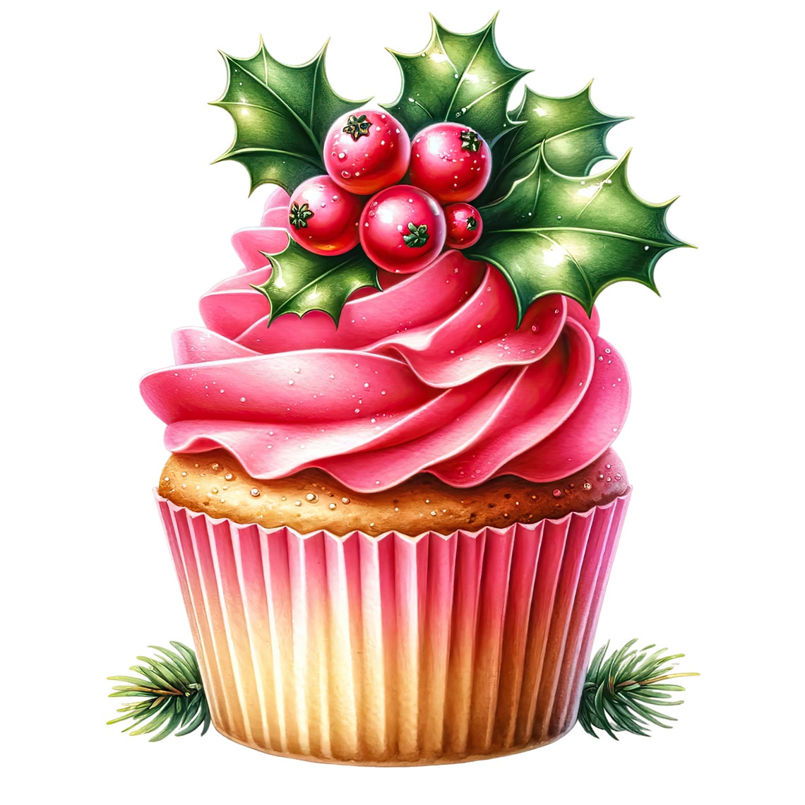 Watercolor Pink Christmas Cupcakes Clipart, Cupcake Sublimation ...