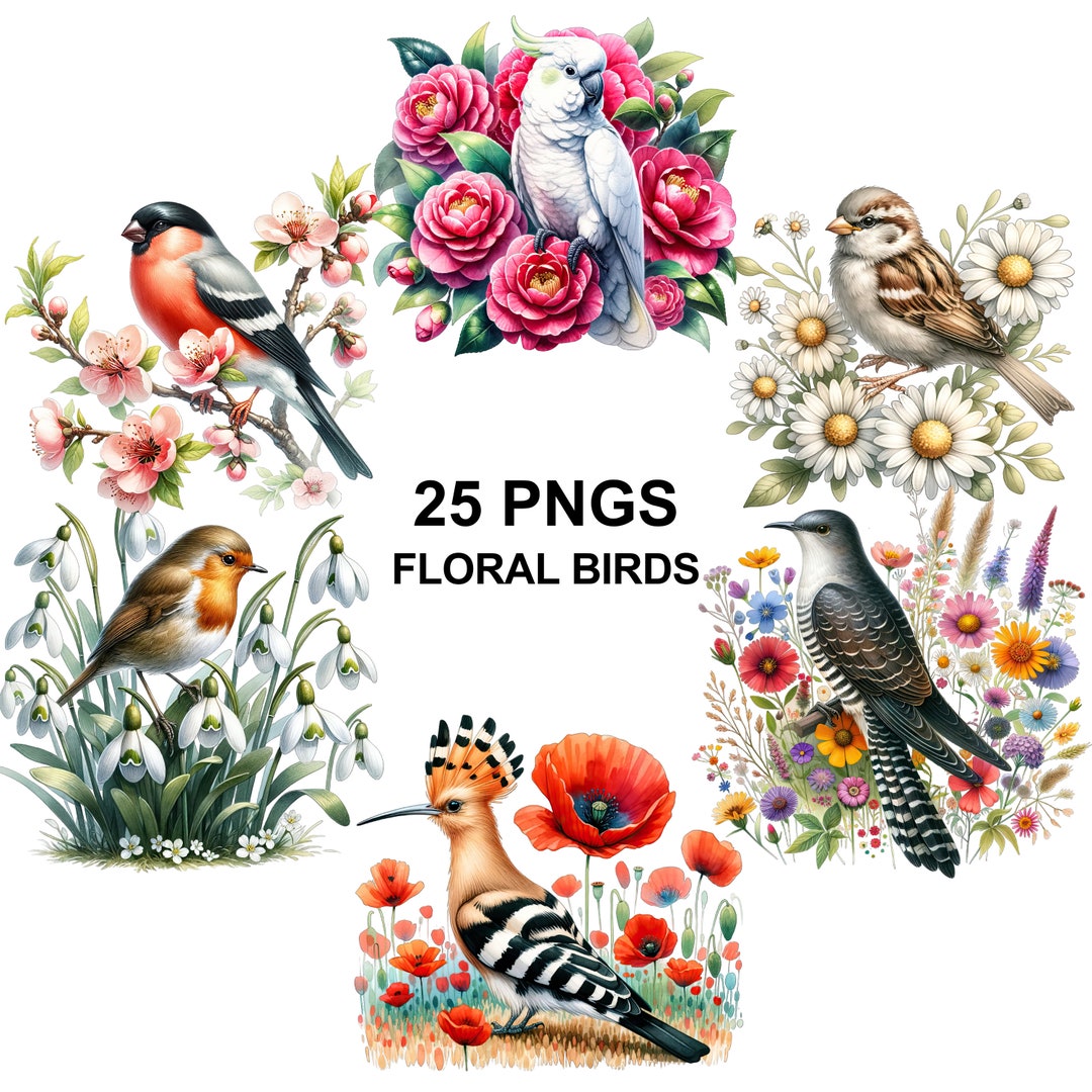 Floral Bird Clipart, Bird Graphics, Flower Bird Prints, Flower Bird ...