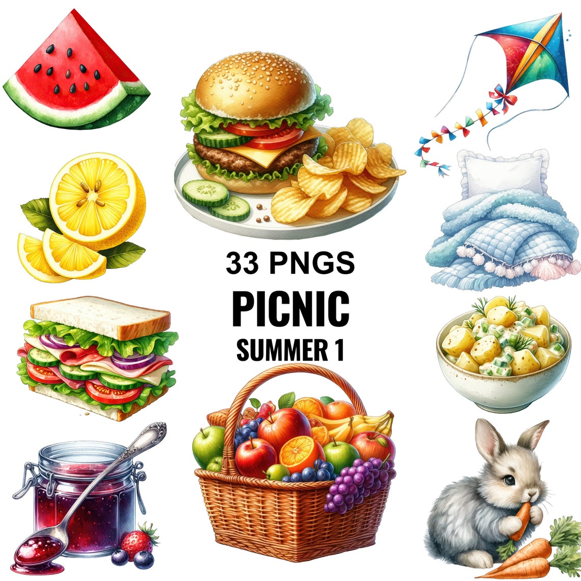 Watercolor Picnic Clipart: Summer Food, Basket, Outdoor PNG (digital ...