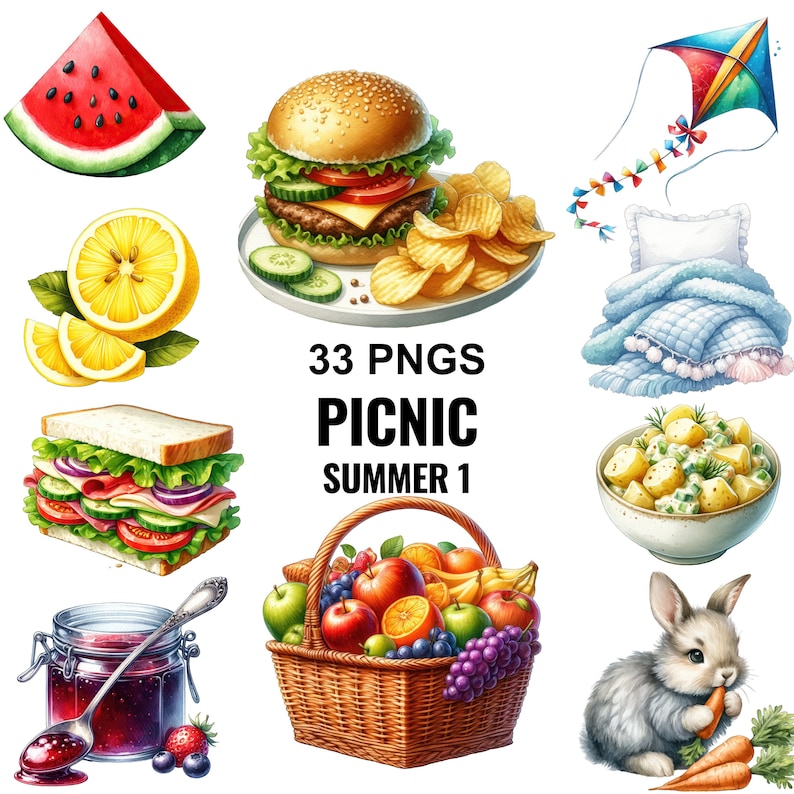 Watercolor Picnic Clipart: Summer Food, Basket, Outdoor PNG (digital ...