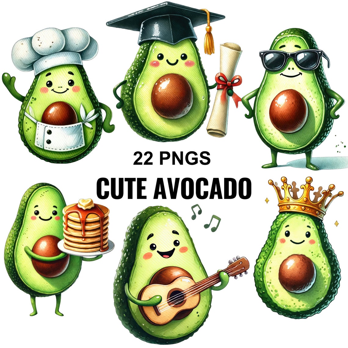 Cute Avocado Clipart, Kawaii Avocado, Watercolor Avocado, Avocado ...