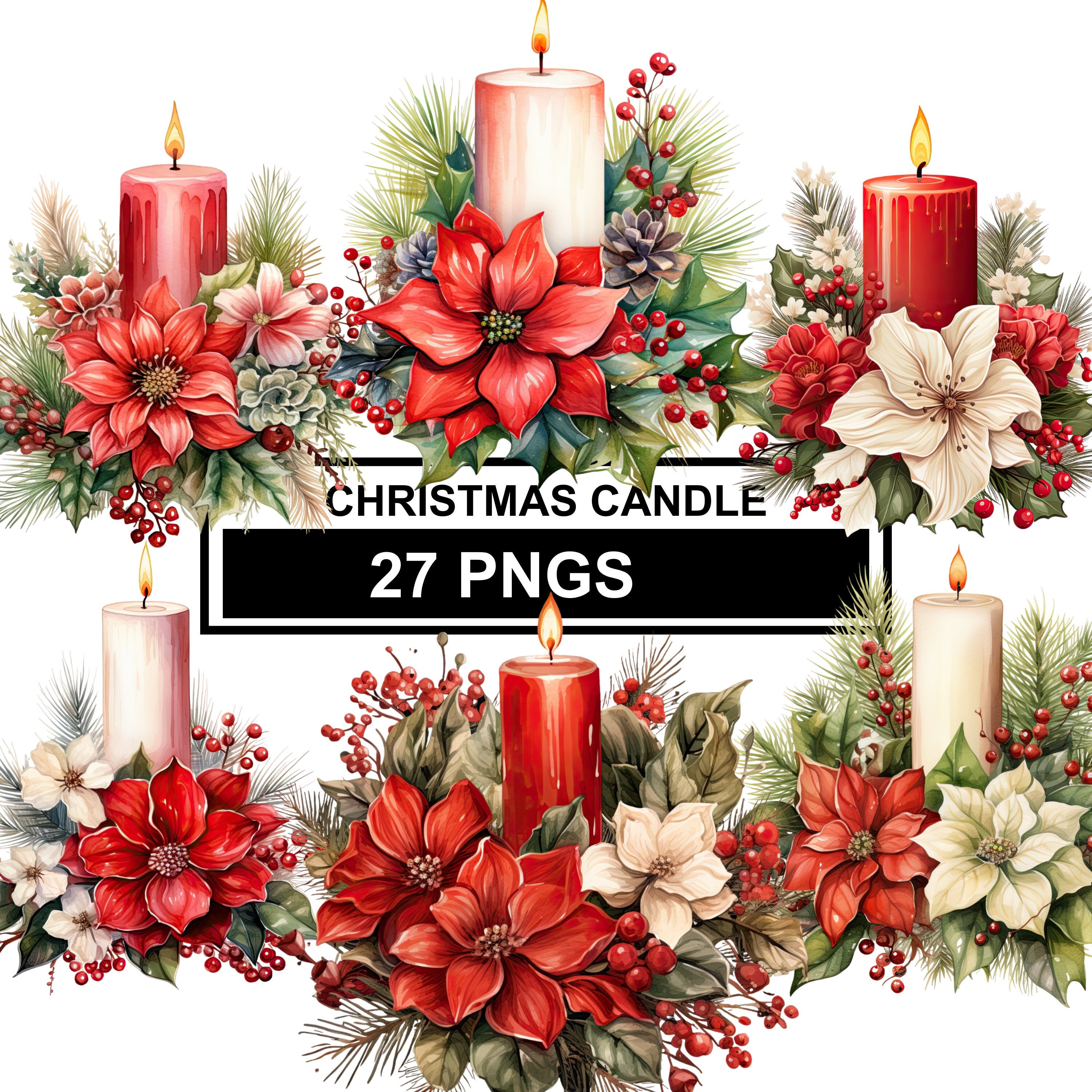 Watercolor Christmas Candle Clipart: Festive Poinsettia PNG (digital ...
