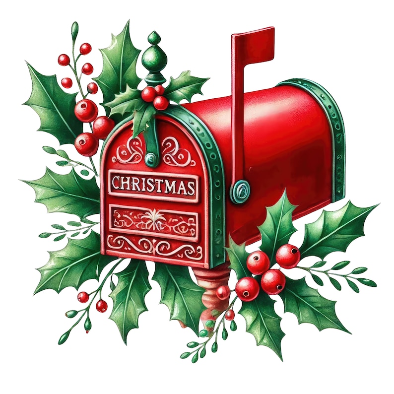 Watercolor Christmas Mailbox Clipart: Holiday Letterbox PNG (digital ...