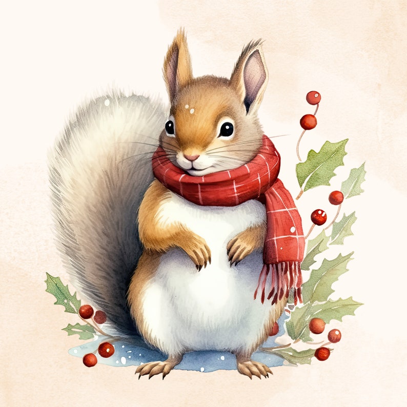 Christmas Squirrels Watercolor Clipart, Squirrel PNG, Christmas Animals ...