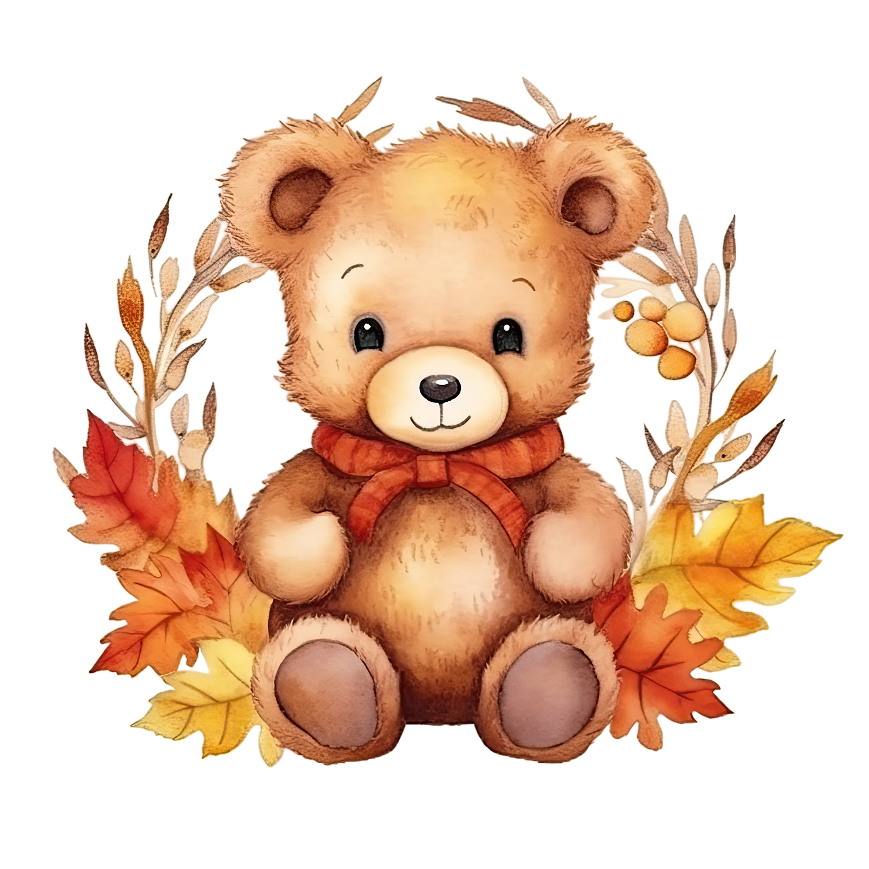 Watercolor Autumn Teddy Bear Clipart, Fall Scenery Clipart, Bear ...