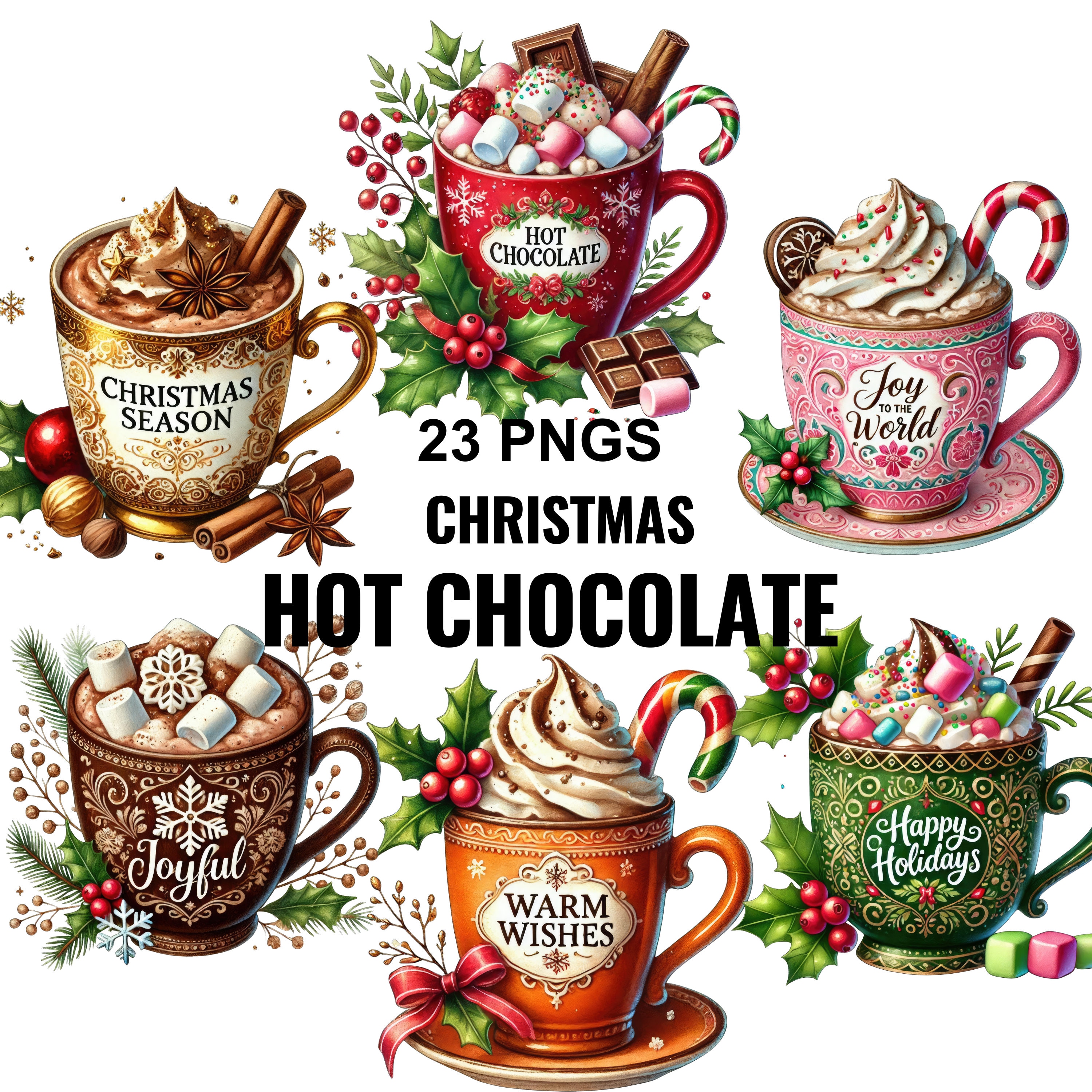 Watercolor Christmas Hot Chocolate Clipart: Festive Cocoa PNG (digital ...