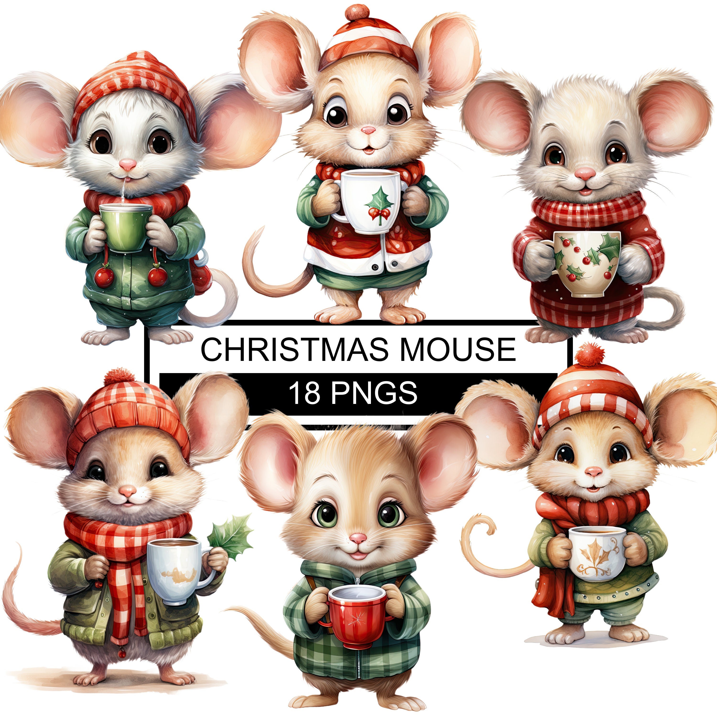 Watercolor Christmas Mouse Clipart: Holiday PNG Bundle (digital ...
