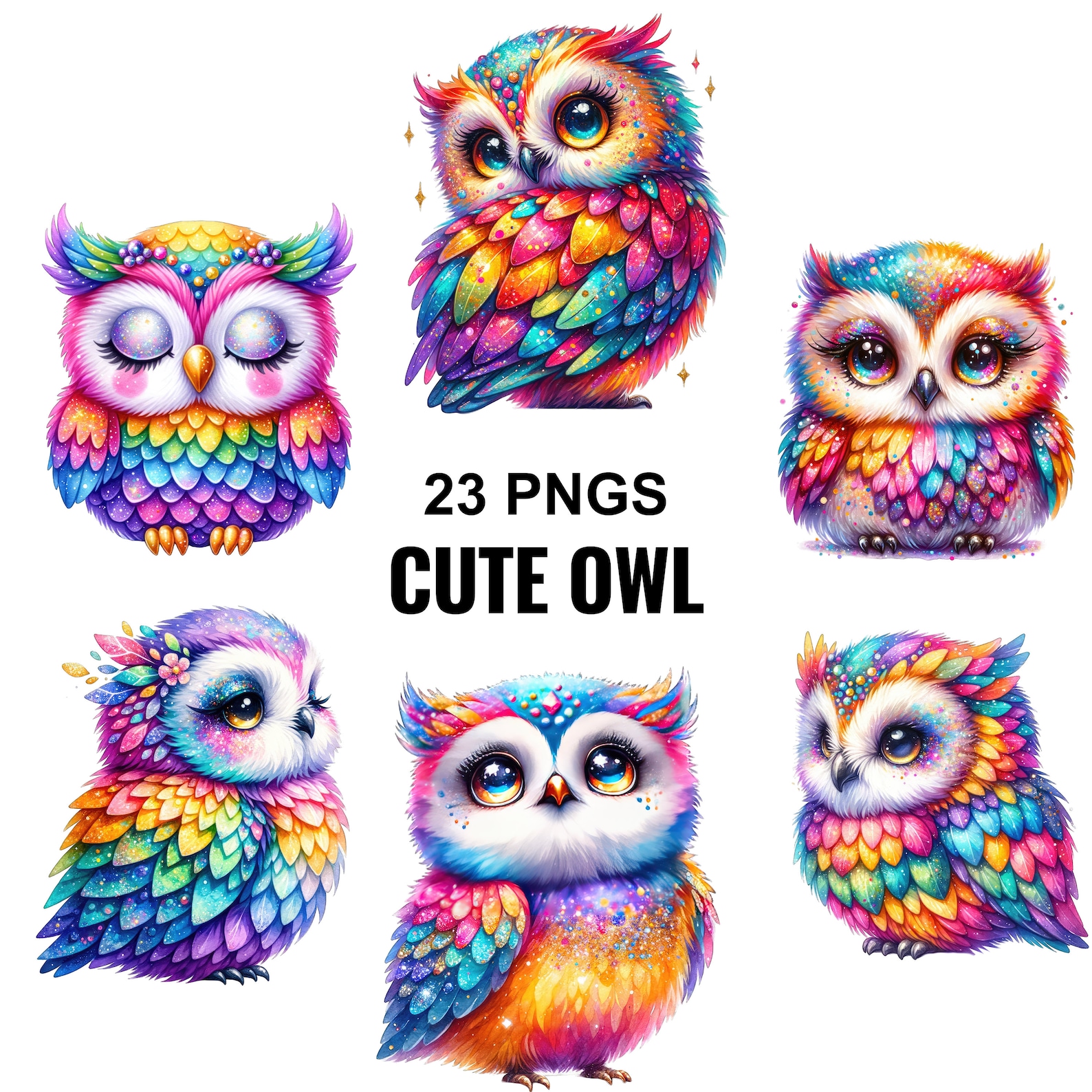 Cute Owl Clipart, Bird Clipart, Sparkling Owl Sublimation, Colorful Owl ...