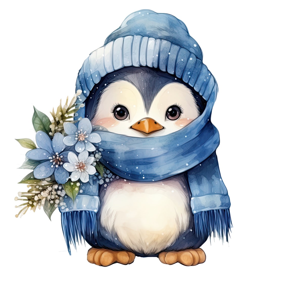 Watercolor Cute Christmas Penguin Clipart, Blue Penguin Clipart ...