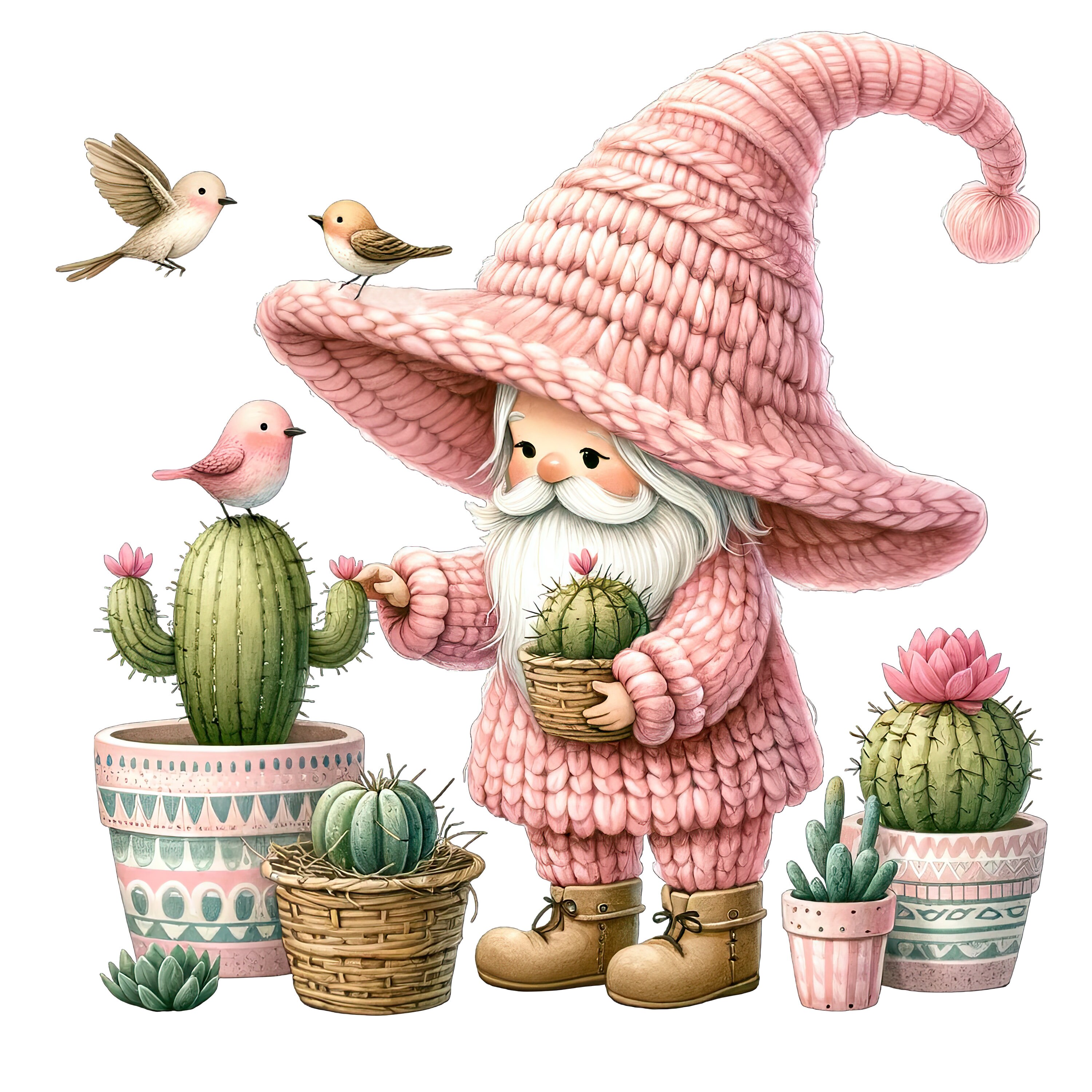 Watercolor Cactus Gnome Clipart, Flowering Cactus Gnome Clipart, Cactus ...
