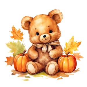Watercolor Autumn Teddy Bear Clipart: Fall PNG Bundle (digital Download ...