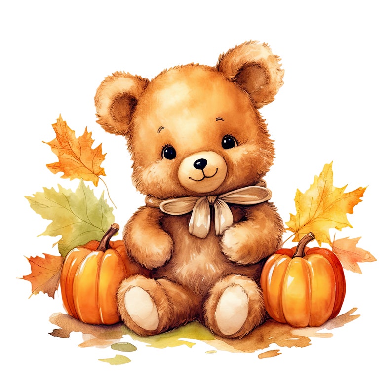 Watercolor Autumn Teddy Bear Clipart, Fall Scenery Clipart, Bear ...
