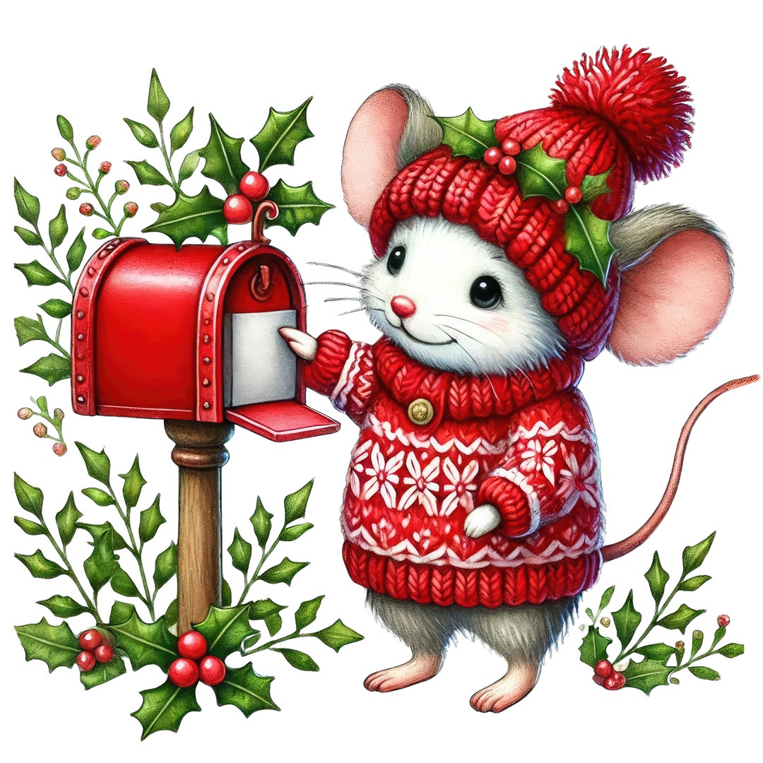 Watercolor Christmas Mouse Clipart: Festive Holiday PNG (digital ...