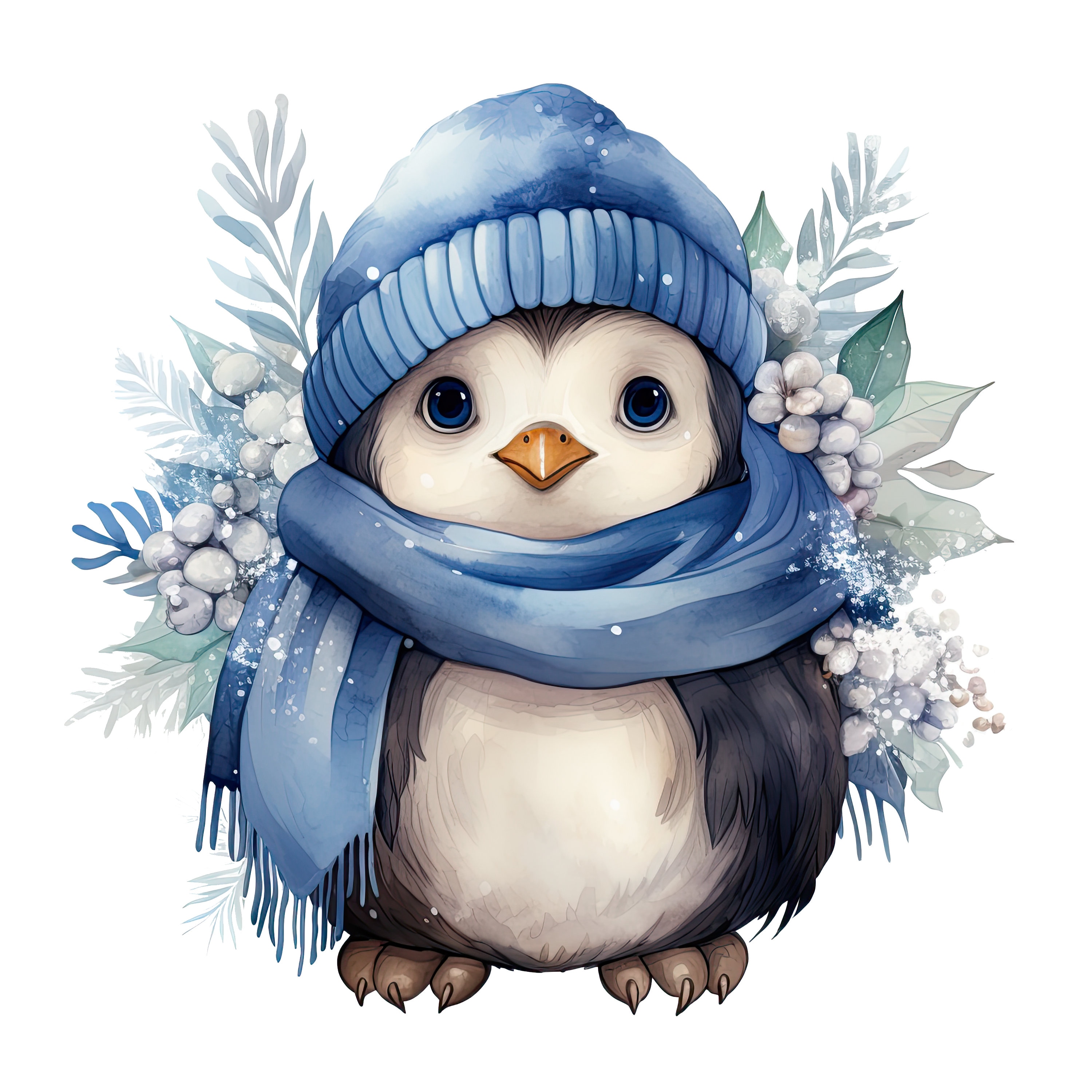 Watercolor Cute Christmas Penguin Clipart, Blue Penguin Clipart ...
