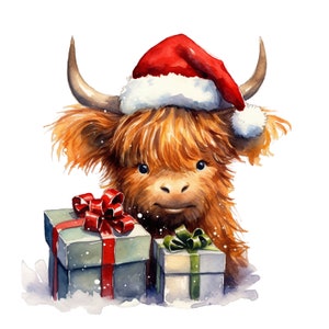Watercolor Christmas Highland Cow PNG Clipart, Holiday Highland Cow ...