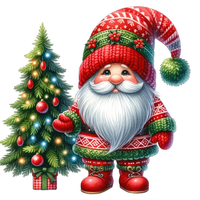 Watercolor Christmas Gnome Clipart: Holiday PNG Graphics (digital ...