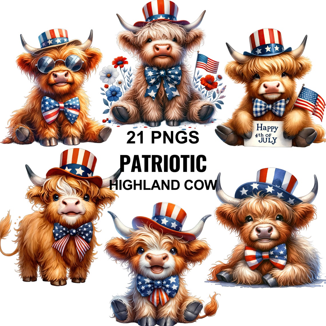 Watercolor Patriotic Highland Cows Clipart, Patriotic Cow Clipart, 4th ...