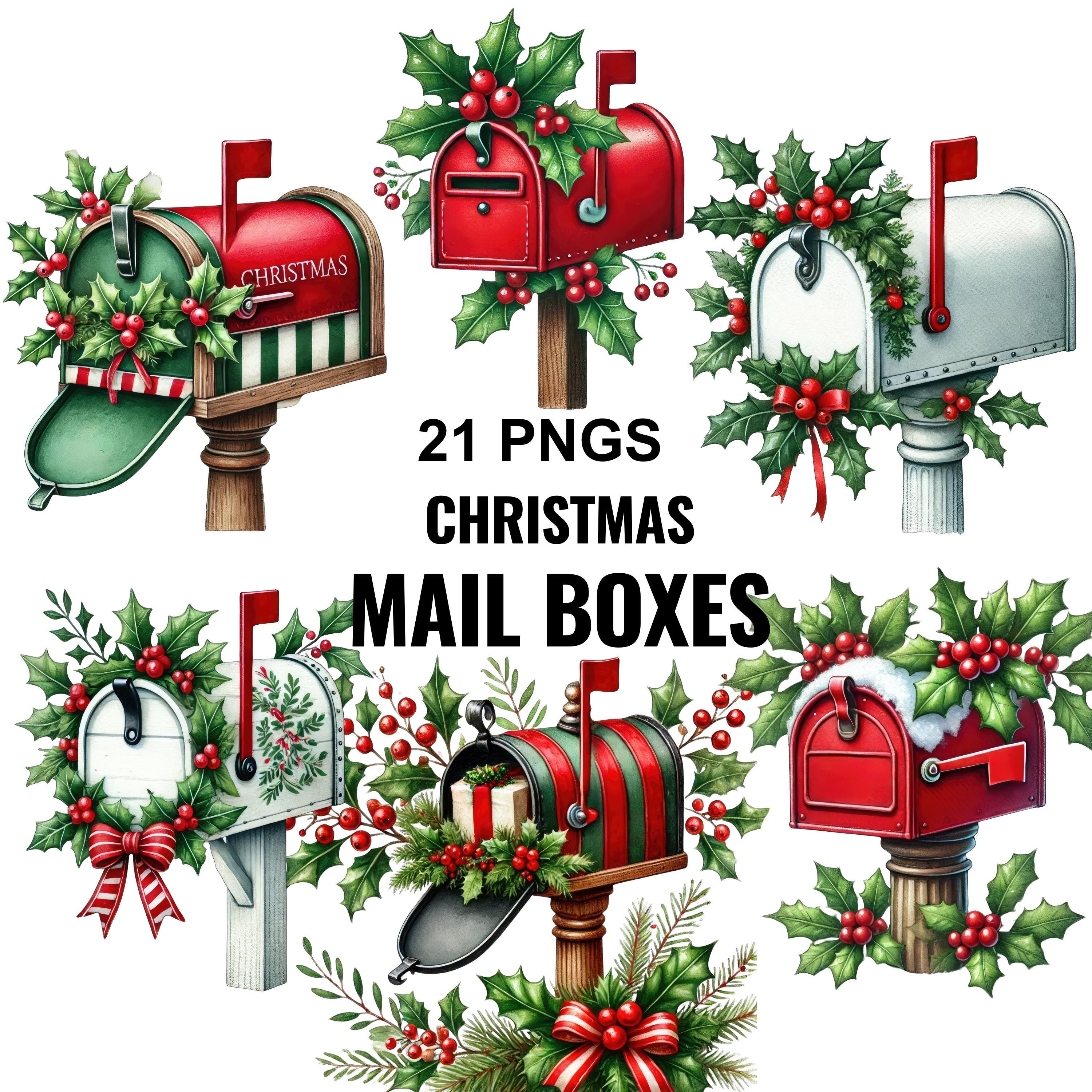 Watercolor Christmas Mailbox Clipart: Holiday Letterbox PNG (digital ...