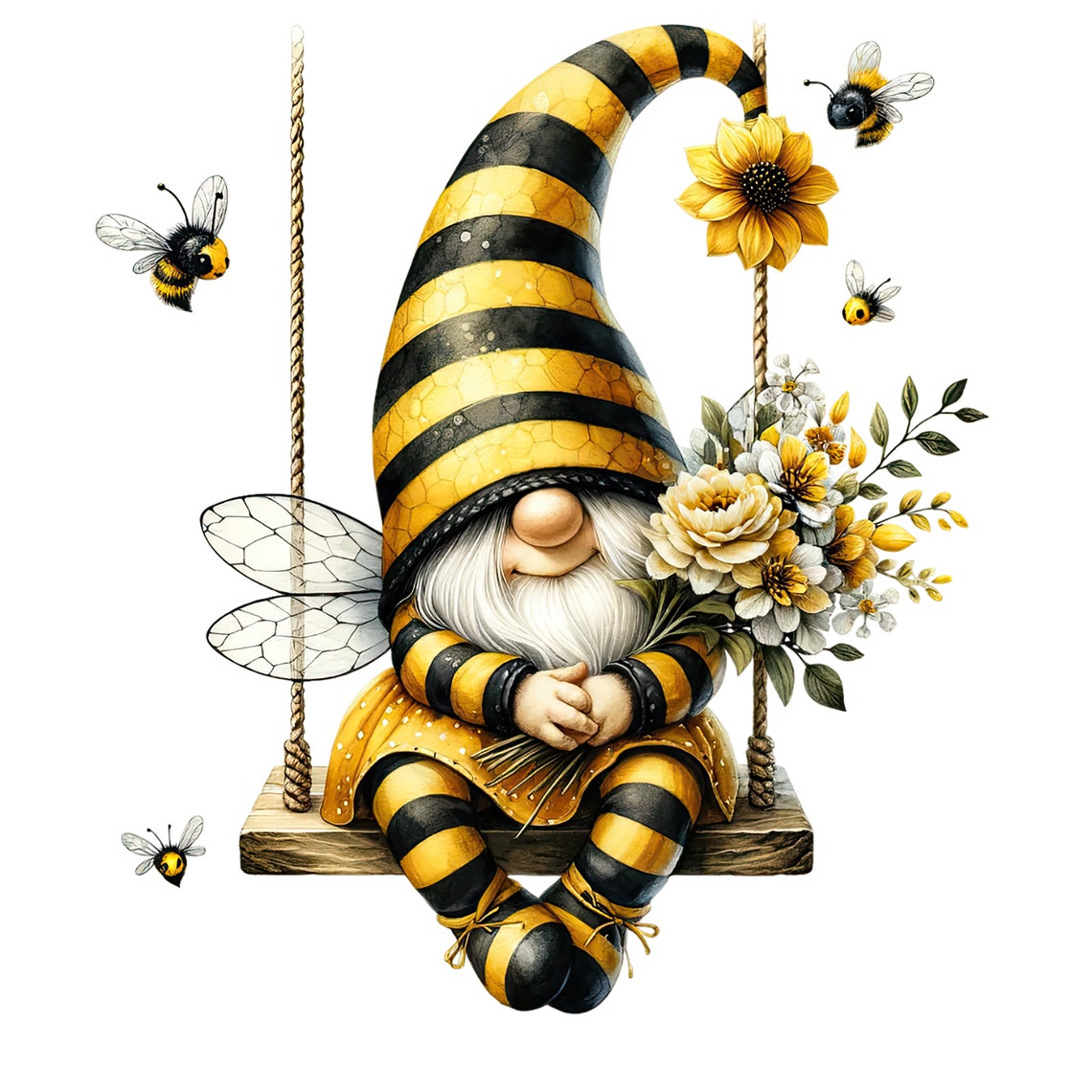 Watercolor Honey Bee Gnome Clipart, Honey Bee Gnome, Bumble Bee Png ...