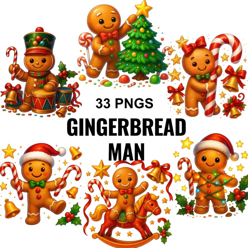 Christmas Gingerbread Man Clipart PNG Bundle, 33 Cute Holiday Cookie ...
