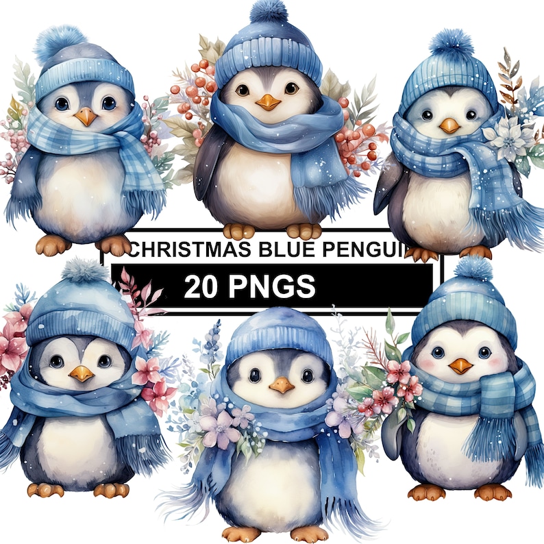 Watercolor Cute Christmas Penguin Clipart Blue Penguin - Etsy