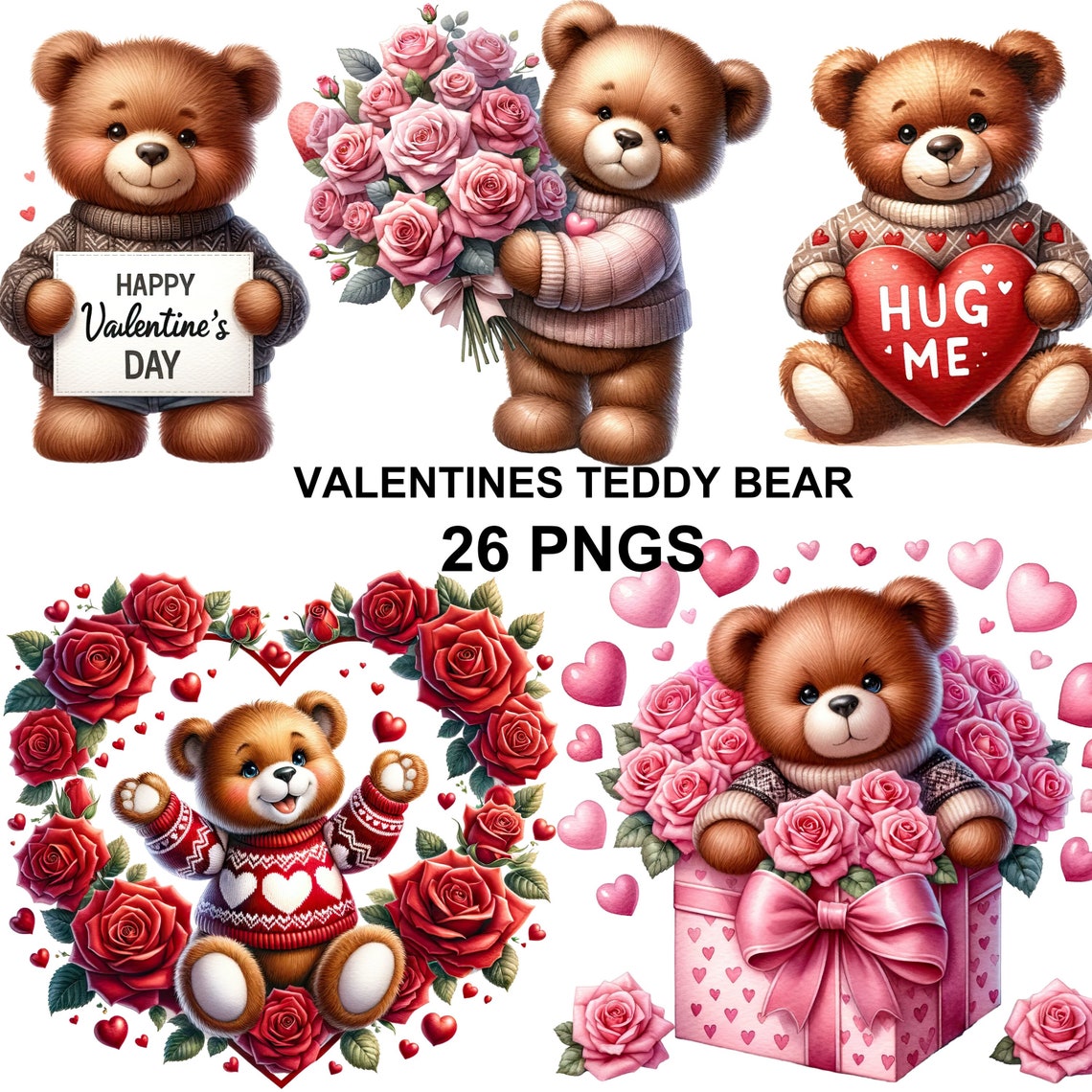 Watercolor Valentines Teddy Bear Clipart, Teddy Bear Valentine ...