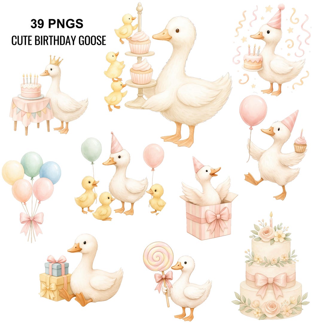 Cute Birthday Goose Clipart Bundle, Baby Duck Pngs With Balloons, Cakes ...