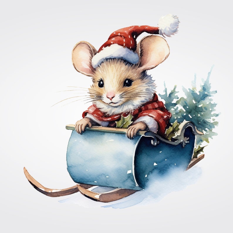 Watercolor Christmas Mouse Clipart: Holiday PNG Images (digital ...
