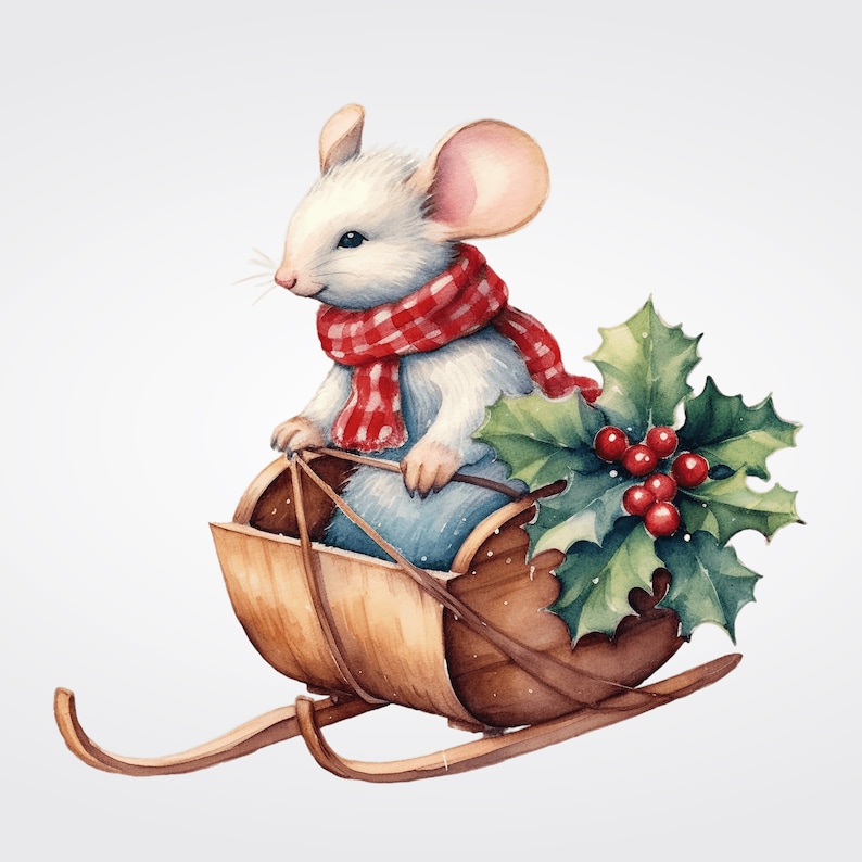 Watercolor Christmas Mouse Clipart, Winter Mouse Holiday Clipart ...