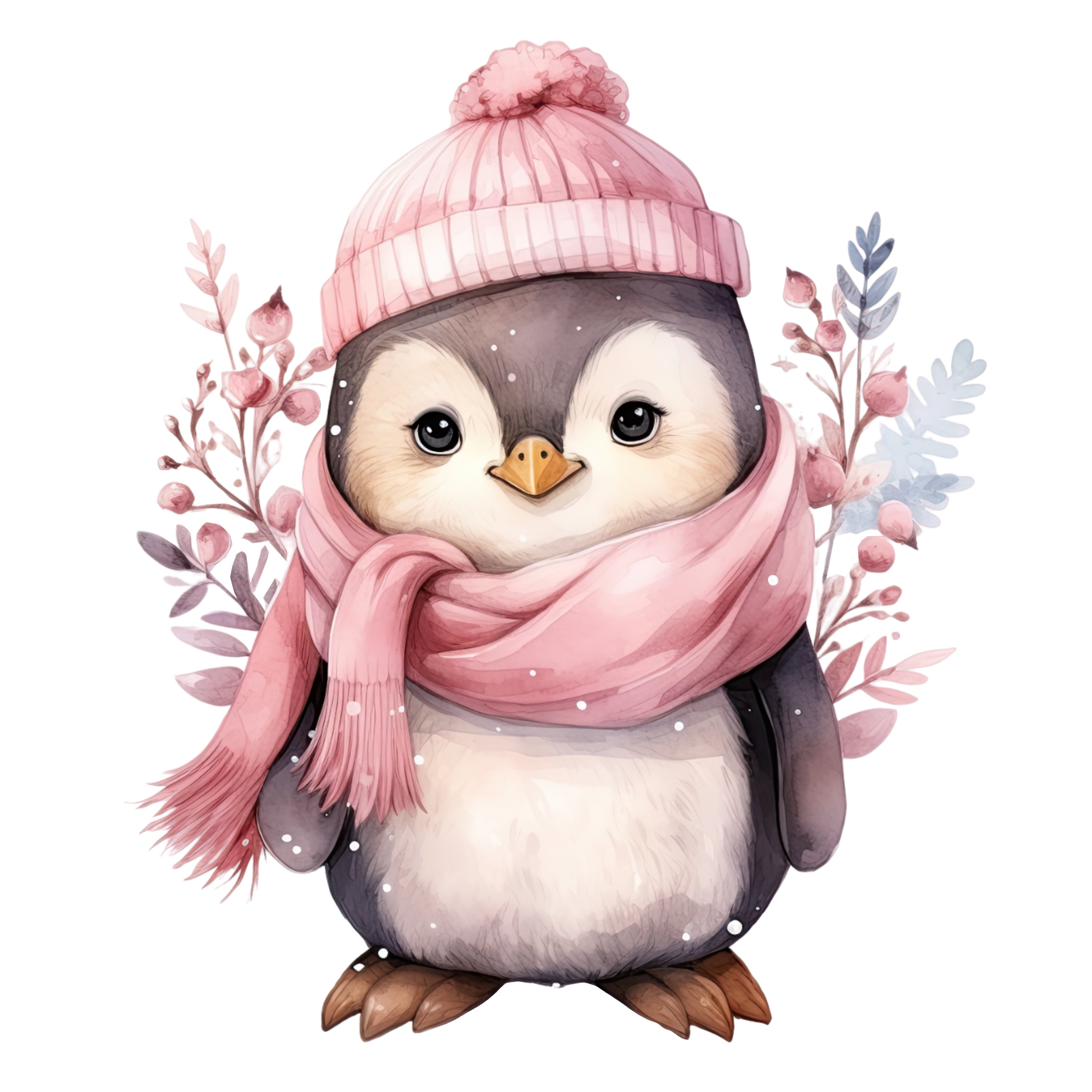 Watercolor Pink Christmas Penguin Clipart, Christmas Penguin Clipart ...