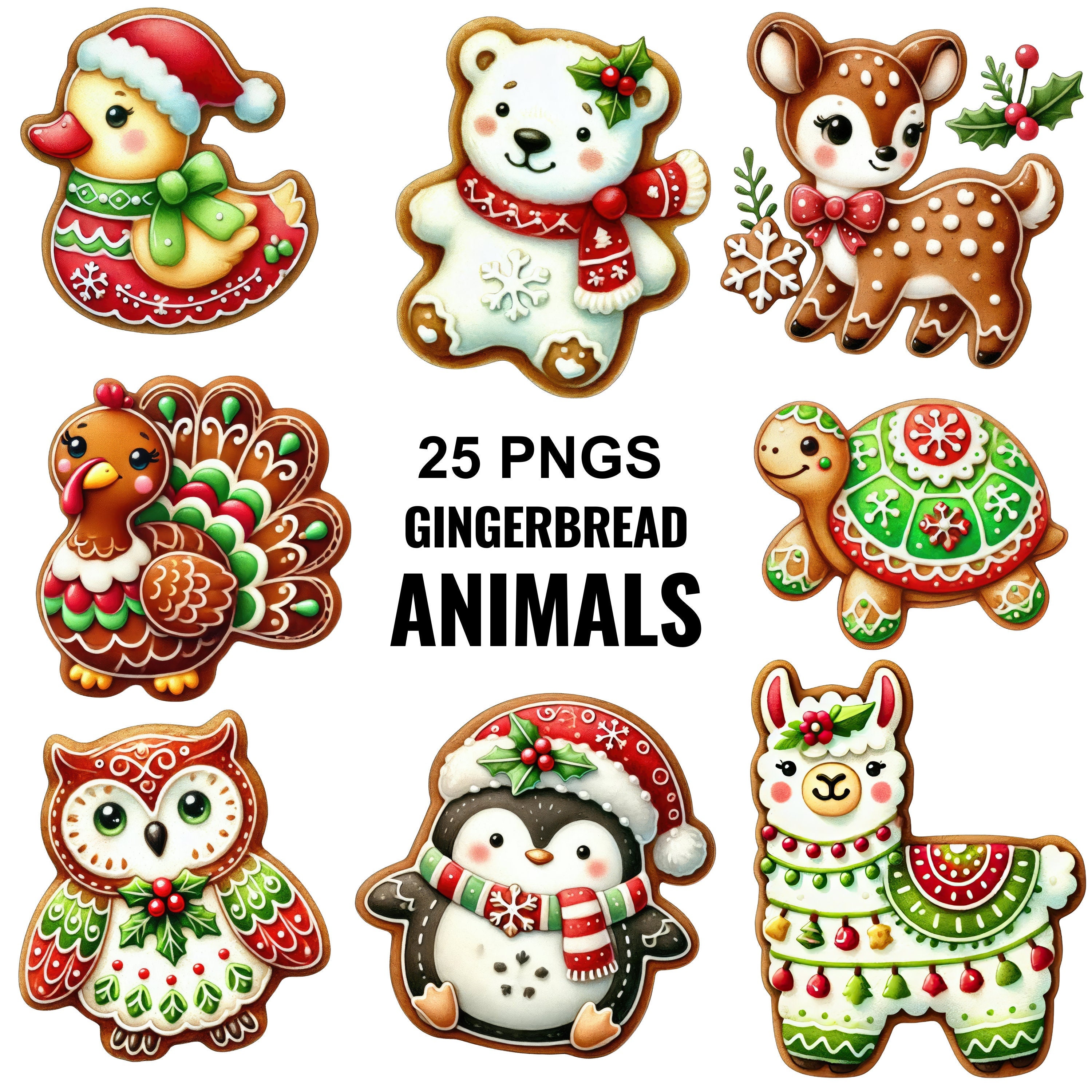 Gingerbread Animals Clipart: Christmas Cookie Designs (digital Download ...
