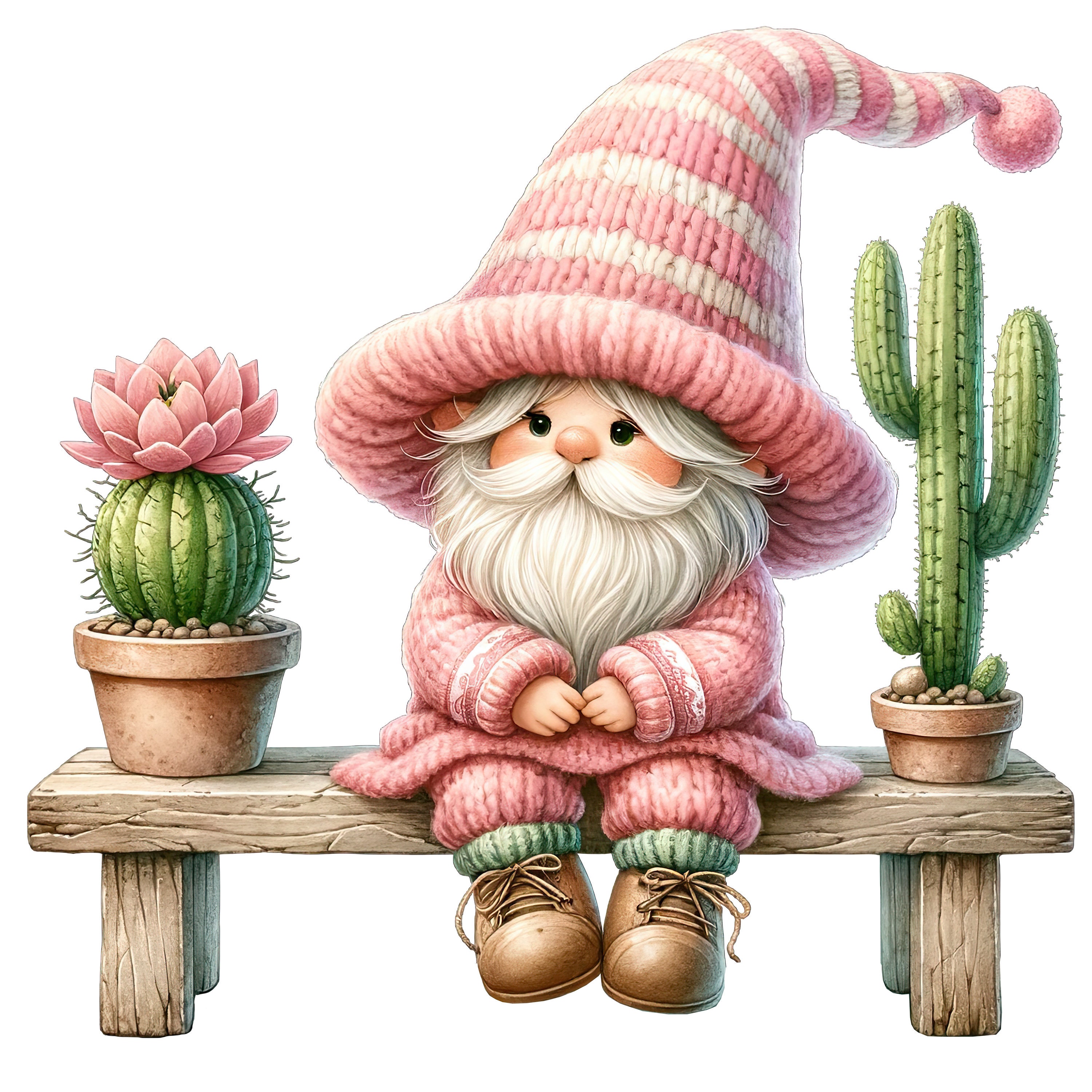 Watercolor Cactus Gnome Clipart, Flowering Cactus Gnome Clipart, Cactus ...