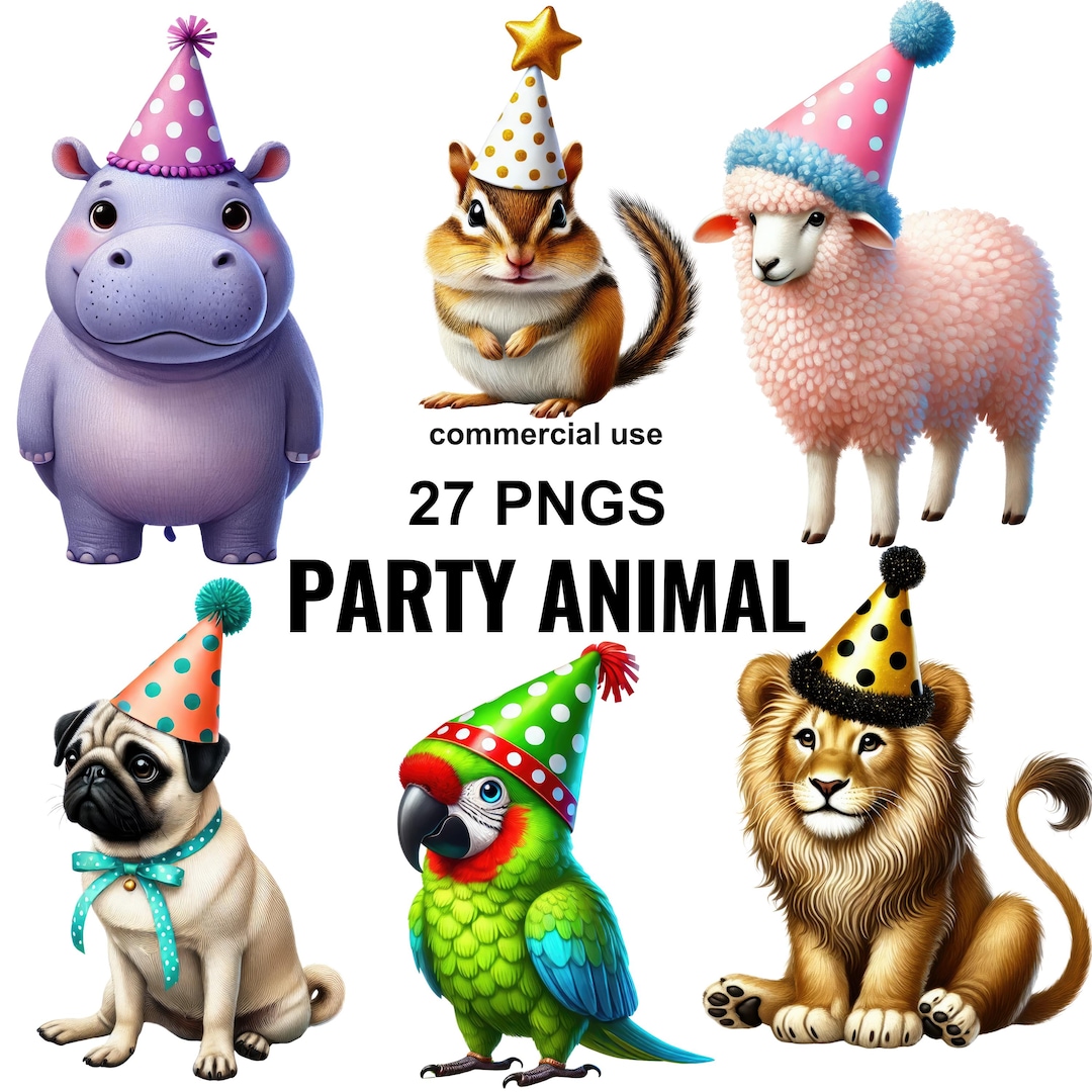 Party Animal Clipart, Jungle Animals Png, Animals Party Hat, Safari ...