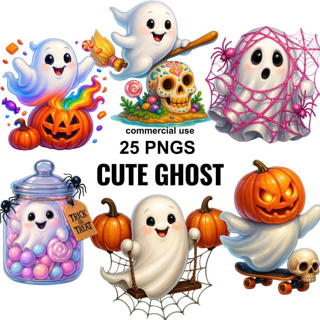 Cute Halloween Ghost Clipart PNG Bundle, 25 Kawaii Spooky Ghosts ...