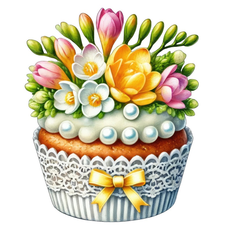 Watercolor Spring Flowers Cupcake Clipart: Floral Dessert Graphics ...