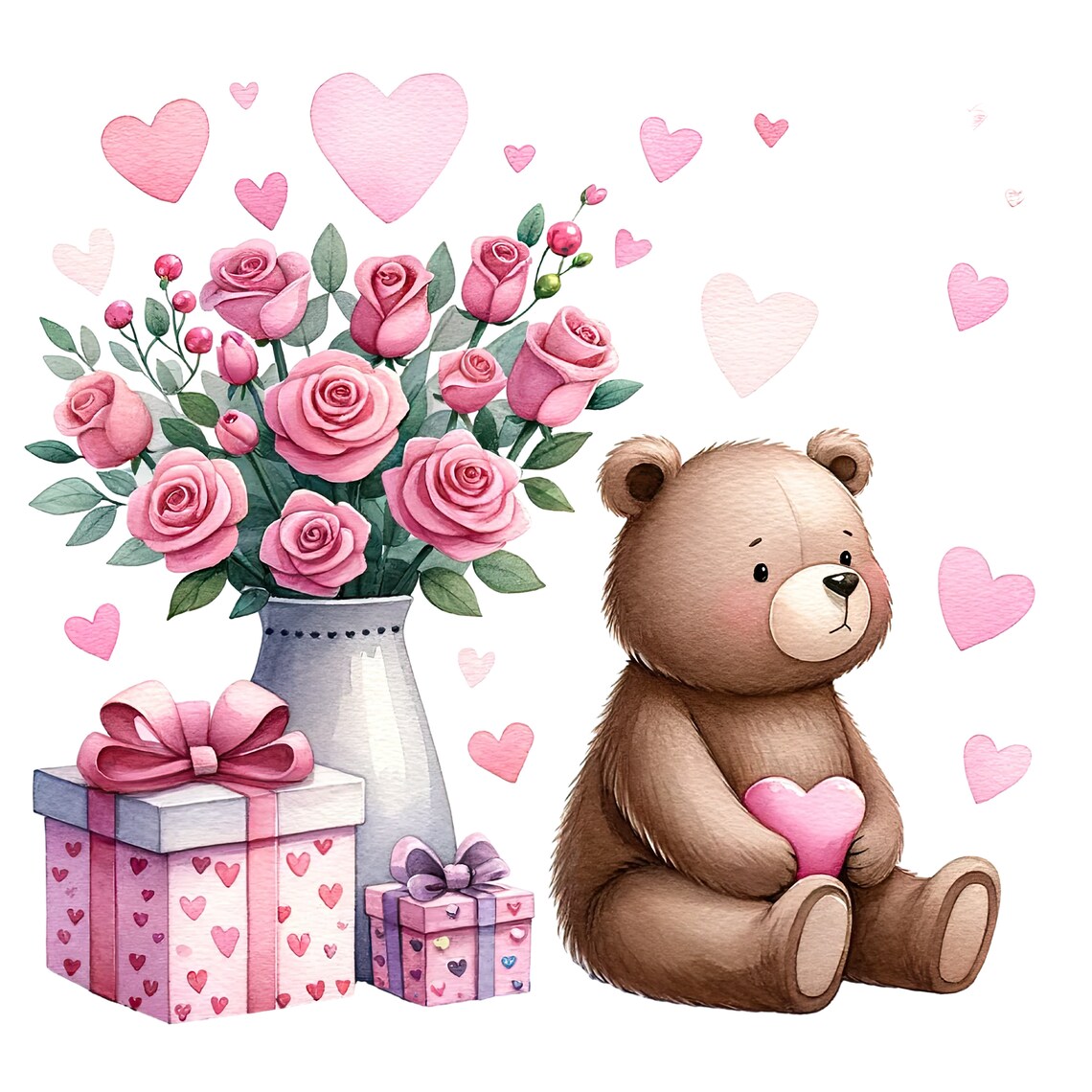 Watercolor Valentine Bear Clipart, Heart and Bear Png, Cute Bear Cub ...