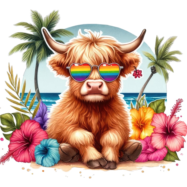 Watercolor Cow Clipart, Summer Cow Clipart, Watercolor Beach, Highland ...