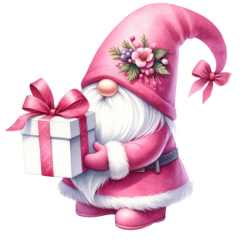 Watercolor Pink Christmas Gnomes Clipart: 17 PNG Files (digital ...