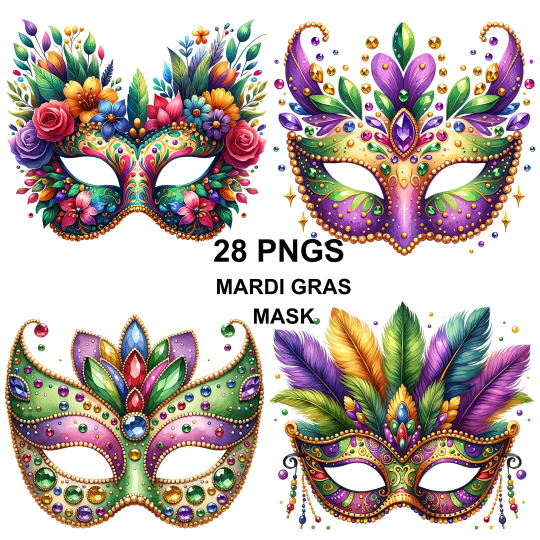 Watercolor Mardi Gras Mask Clipart: Carnival Feather Masks (digital ...