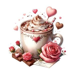 Love Hot Chocolate Clipart: Valentine Mugs, Pink Cocoa (digital ...
