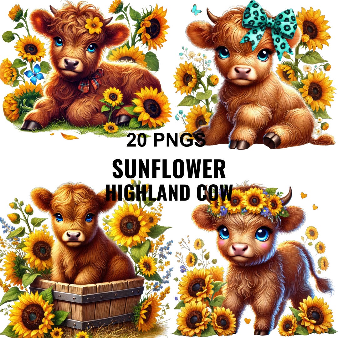 Sunflower Highland Cow Collection Clipart, Highland Cow Flower, Cute ...
