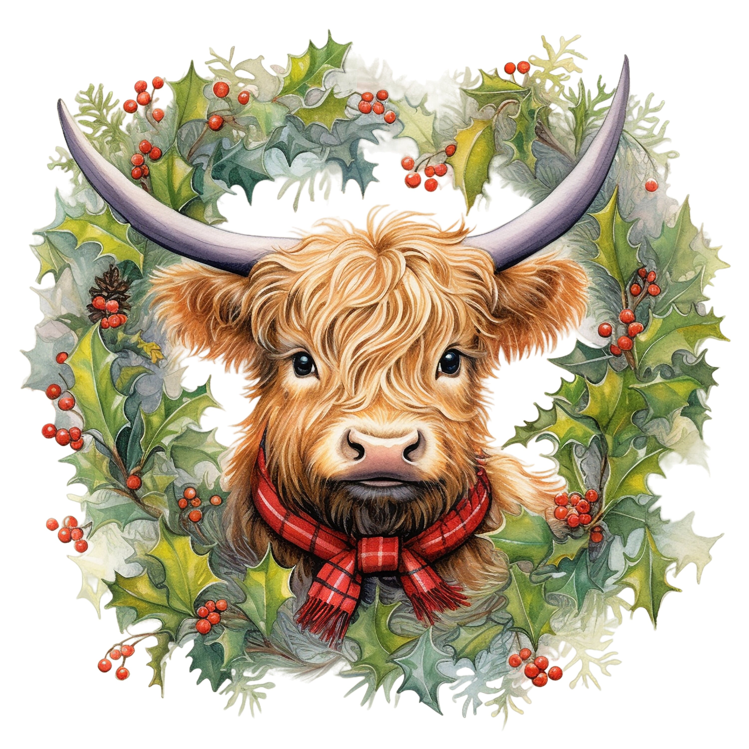 Watercolor Christmas Highland Cow PNG Clipart, Holiday Highland Cow ...