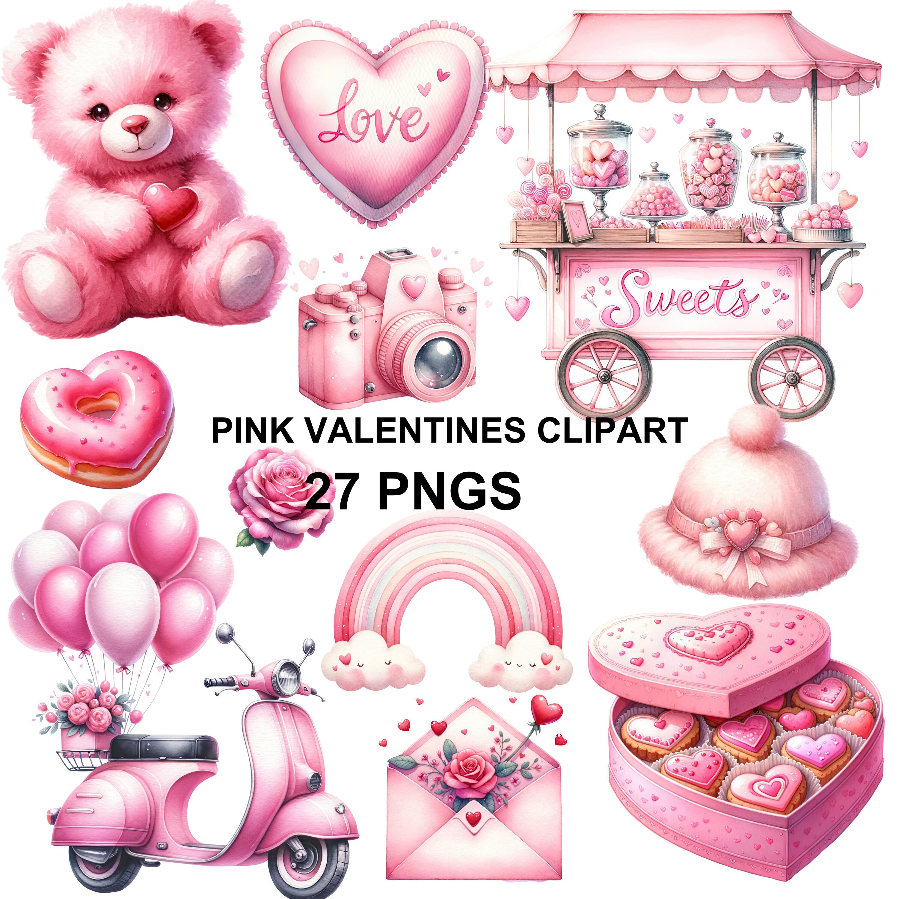 Watercolor Pink Valentines Clipart, Valentines Day Clipart, Valentines ...