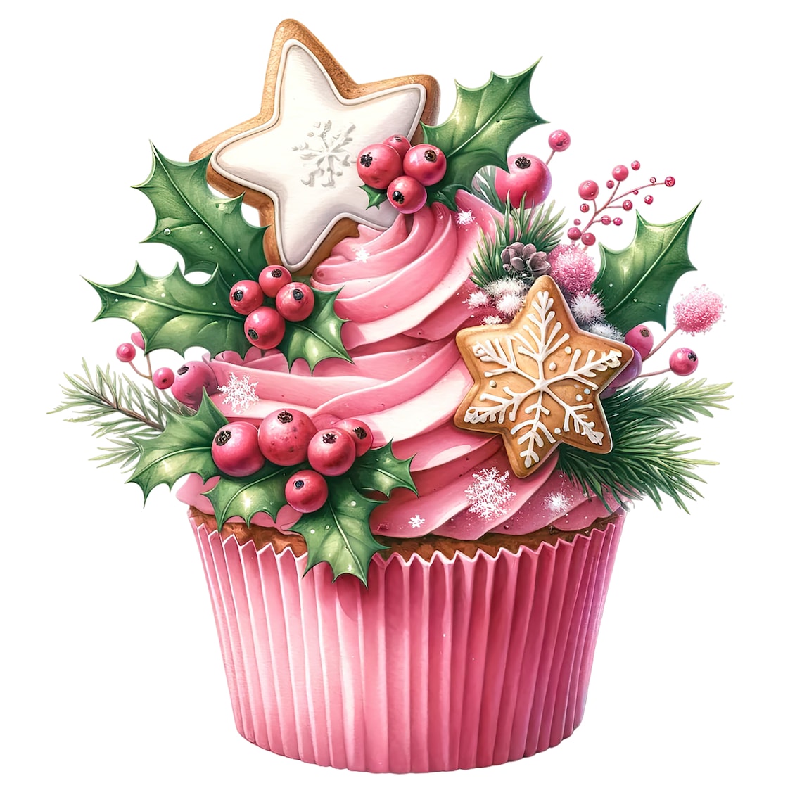 Watercolor Pink Christmas Cupcakes Clipart, Cupcake Sublimation ...