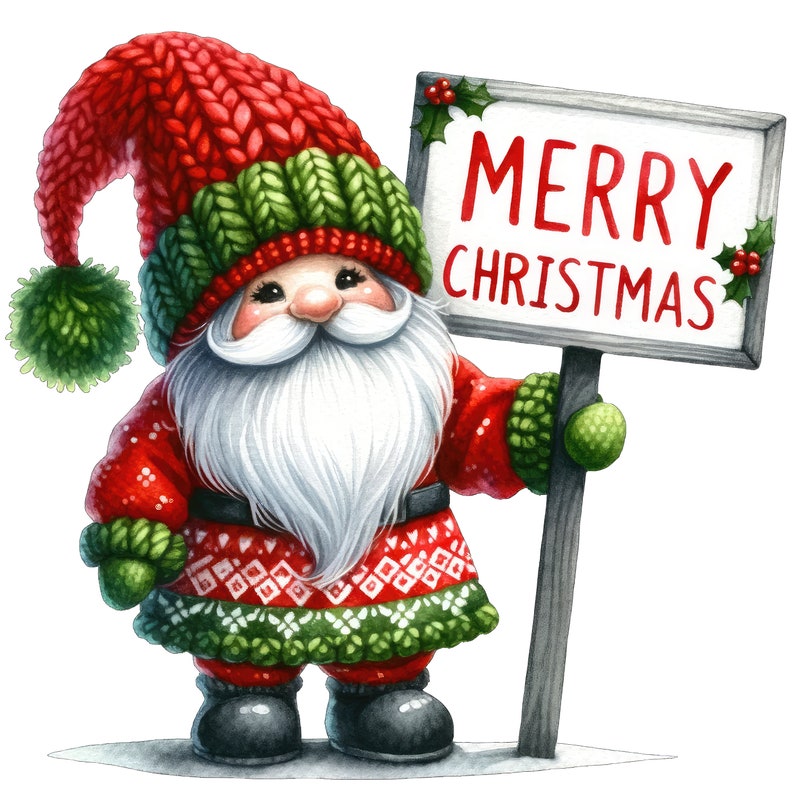 Watercolor Christmas Gnome Clipart: Holiday PNG Graphics (digital ...