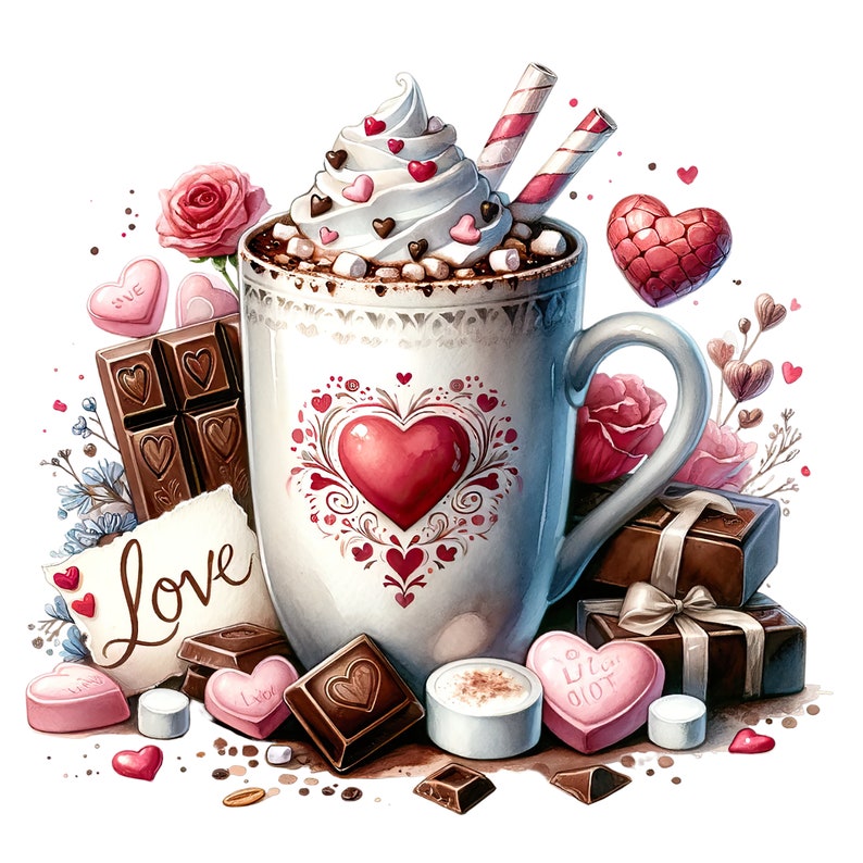 Love Hot Chocolate Clipart: Valentine Mugs, Pink Cocoa (digital ...